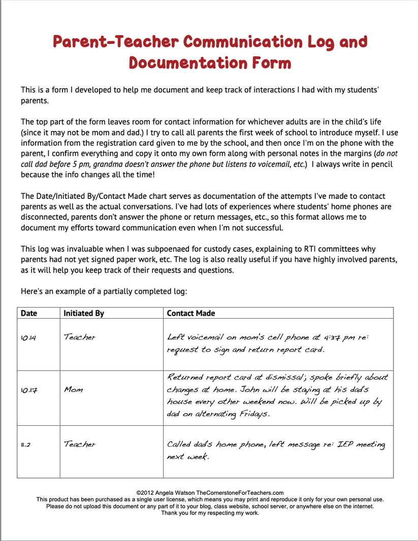 FREE Parent-Teacher Communication Log: Forms for Documenting Phone Cal ...